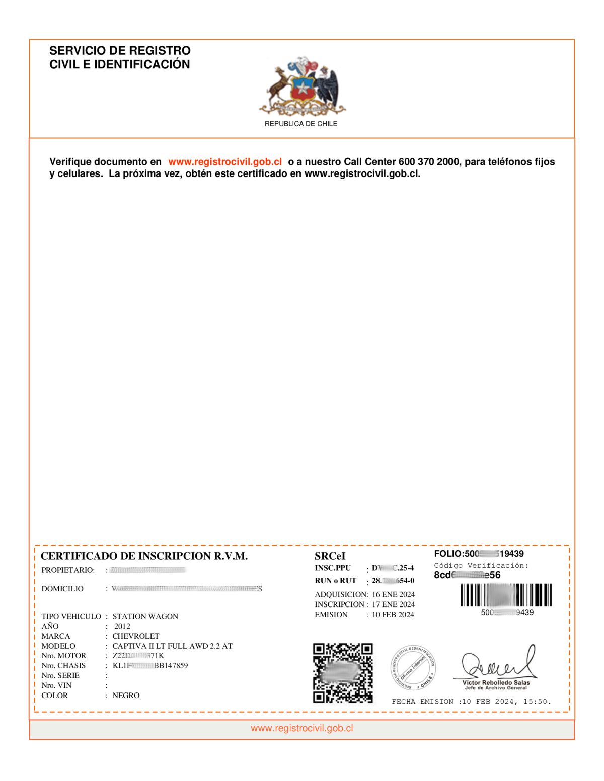 Certificado de Inscripción (padrón) — Чили - справочник для всех